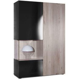 Vladon Standvitrine Highboard Hochschrank Glas Morena Schwarz - Hochglanz & Naturtöne - Tür und Einsatz in Eiche Nordic ohne led Beleuchtung - Tür und