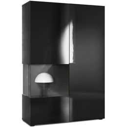 Vladon - Standvitrine Highboard Hochschrank Glas Morena Schwarz - Hochglanz & Naturtöne - Tür und Einsatz in Schwarz Hochglanz ohne led Beleuchtung