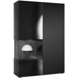 Vladon Standvitrine Highboard Hochschrank Glas Morena Schwarz - Hochglanz & Naturtöne - Tür und Einsatz in Schwarz Matt ohne led Beleuchtung - Tür und