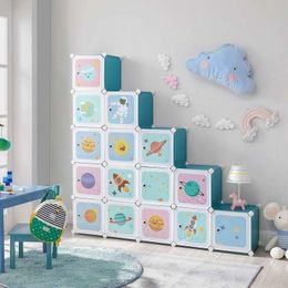 Songmics Regalsystem mit 16 Würfeln, Aufbewahrungsschrank für Kinder, Steckregal, Schuhregal aus Kunststoff, Kleiderschrank mit Türen, Mehrzweck, Schuhe,