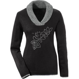 Damen Strickpullover mit Blumen-Stickerei anthrazit, Gr&ouml;&szlig;e 56