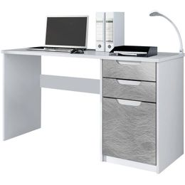 Vladon - Schreibtisch Computertisch Arbeitstisch Logan Weiß - Hochglanz & Naturdekor - Fronten in Scratchy Metal - Fronten in Scratchy Metal