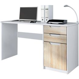 Schreibtisch Computertisch Arbeitstisch Logan Weiß - Hochglanz & Naturdekor - Fronten in Eiche sägerau - Fronten in Eiche sägerau - Vladon