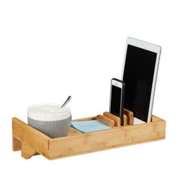 Bettablage, Mini-Nachttisch zum Anklemmen, aus Bambus, Getränkehalter d: 9 cm, platzsparender Organizer, natur - Relaxdays
