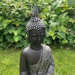 K&L WALL ART K&l Wall Art - Sitzender Buddha Garten Figur Feng Shui Deko Balkon Steinfigur Wohnzimmer Statue 45cm Silber Schwarz - Schwarz