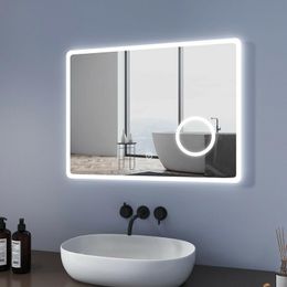 Meykoers Badspiegel LED 80x60cm Badezimmerspiegel mit Kaltweiß Beleuchtung mit Touch-Schalter und 3x Vergrößerung