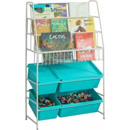 sobuy KMB07-B Kinder-Bücherregal Büchergestell mit 3 Ablagefächern Spielzeugaufbewahrungregal Kinderregal mit 4 Spielzeugkisten, weiß/blau bht ca: