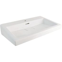 'aquaSu® Waschtisch Cua 80 cm eckiges Waschbecken in weiß Waschtisch 80 x 44,5 cm zur Wandmontage mit Überlauf und Hahnloch kantig Höhe 16,2 cm