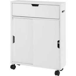 sobuy BZR31-W Nischenregal Badezimmerschrank Badschrank Badrollwagen mit 2 Schiebetüren und 1 Klappe Kommode fürs Bad Badezimmerregal Weiß bht ca.: