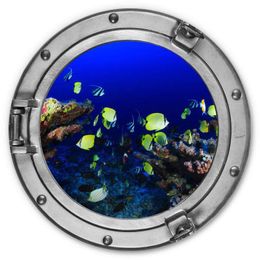 K&L WALL ART Alu-Dibond-Poster Rund Metalloptik Wandbild Bullauge U-Boot Schiff Ozean Fenster gelbe Fische ø 20cm - blau