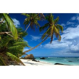 Tropical Fototapete mit Urlaub Motiv | Seychellen Tapete mit Strand Meer und Palmen | 3D Bildtapete tropische Insel ideal für Küche und Flur - 267 x