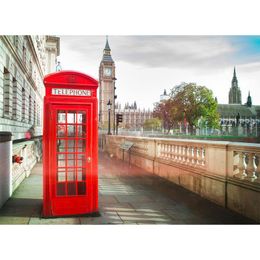 Vlies Fototapete mit London Motiv | Stadt Fototapete englische Telefonzelle ideal für Büro und Wohnzimmer | Rote Tapete mit Big Ben - 255 x 350 cm (5