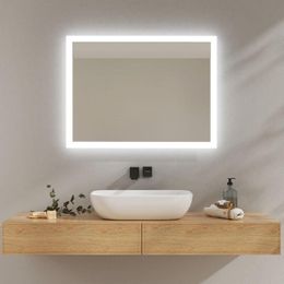 EMKE Badspiegel mit Beleuchtung LED Wandspiegel Badezimmerspiegel, 80x60cm, Kaltweißes/Warmweißes Licht, Knopfschalter, Beschlagfrei