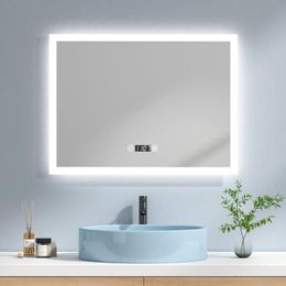 Emke - Badspiegel mit Beleuchtung led Wandspiegel Badezimmerspiegel, 80x60cm, Kaltweißes/Neutrales/Warmweißes Licht, Touchschalter, Beschlagfrei,Uhr