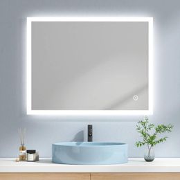 Badspiegel mit Beleuchtung led Wandspiegel Badezimmerspiegel, 90x70cm, Kaltweißes Licht, Touchschalter, Beschlagfrei - Emke