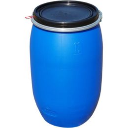 Plasteo - 120 Liter Weithalsfass mit Spannverschluss Lebensmittelecht Universalfass Maische Tierfutter Trinkwasser Camping Lagerfass Stapelbar Blau