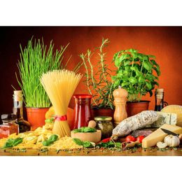 Bricoflor - Mediterranes Deko Wandbild für Küche | Leinwand Bild in Rot und Grün mit Pasta Motiv | Nudel Küchenwandbild im Querformat - 0,7 x 0,5 m