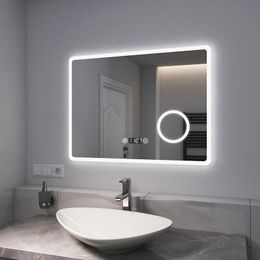 Badspiegel mit 3-fache Vergrößerung, led Badspiegel mit Beleuchtung, 80x60cm, Kaltweißes Licht Dimmbar, Touch, Beschlagfrei, Uhr - Emke
