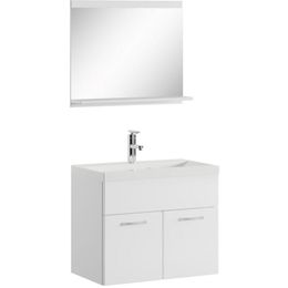 Badplaats Badezimmer Badmöbel Set Montreal 02 60cm Waschbecken Hochglanz Weiß Fronten - Unterschrank Waschtisch Spiegel Möbel - Weiß mit Hochglanzfronten