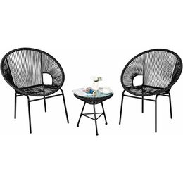 3 tlg. Sitzgruppe, Rattan Gartenmoebel aus 1 Tisch & 2 Stühlen, Lounge Set, Tischplatte aus Glas, Gestell aus Stahl, Stuhl mit Rückenlehne &