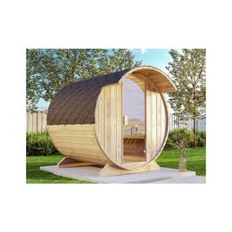FinnTherm Fass-Sauna Tom Fasssauna 2 Sitzbänke aus Holz, Sauna mit 40 mm Wandstärke, Außensauna mit Montagematerial - Naturbelassen