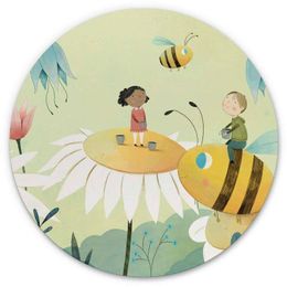 K&L WALL ART Alu-Dibond-Poster Rund Metalloptik Wandbild Honigbienen Kinderzimmer fleißige Biene Loske ø 30cm - grün