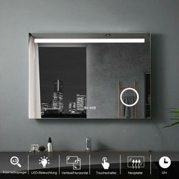 Lisa Badspiegel mit Beleuchtung led Badezimmerspiegel Wandspiegel mit Touch Beschlagfrei Dimmbar IP44, H:100x70cm mit Uhr+3-Fach
