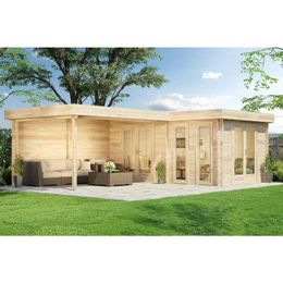 Alpholz Carlsson Flachdach Gartenhaus Modell Quinta iso aus Holz Holzhaus mit Schleppdach Freizeithaus mit Terrasse Blockbohlenhaus, 44 mm, Imprägnierung