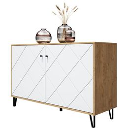 Kommode Weiß Matt Wildeiche Sideboard Skandi Modern - 123x76x40 cm (BxHxT) - Highboard Anrichte - [Loya.one] Wohnzimmer Gästezimmer Büro - Wildeiche