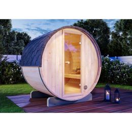 FinnTherm Fass-Sauna Mini XS Fasssauna 2 Sitzbänke aus Holz, Sauna mit 42 mm Wandstärke, Außensauna - Naturbelassen