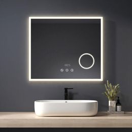 Heilmetz - Badspiegel mit Beleuchtung 75x65cm led Badezimmerspiegel Arycl Wandspiegel mit Touchschalter Beschlagfrei Bluetooth Uhr und 3-Fach