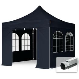 3x3 m Faltpavillon, professional Alu 40mm, feuersicher, Seitenteile mit Sprossenfenstern, schwarz - schwarz