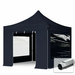 3x3 m Faltpavillon, professional Alu 40mm, feuersicher, Seitenteile mit Panoramafenstern, schwarz - schwarz