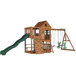 Backyard Discovery Spielturm Holz Hillcrest XXL Spielhaus für Kinder mit Rutsche, Sandkasten, Schaukel, Kletterwand und Picknicktisch Stelzenhaus für