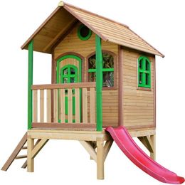 Spielhaus Tom mit roter Rutsche Stelzenhaus in Braun & Grün aus fsc Holz für Kinder Spielturm für den Garten - Braun - AXI