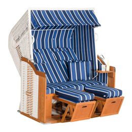 SonnenPartner SunnySmart Garten-Strandkorb Rustikal 250 PLUS 2-Sitzer XL weiß/blau mit Kissen