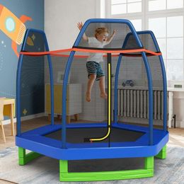 223 cm Kindertrampolin mit Sicherheitsnetz, Freizeittrampolin mit Federauflage und Sprungmatte, Stabiler verzinkter Stahlrahmen, runde