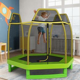 223 cm Kindertrampolin mit Sicherheitsnetz, Freizeittrampolin mit Federauflage und Sprungmatte, Stabiler verzinkter Stahlrahmen, runde