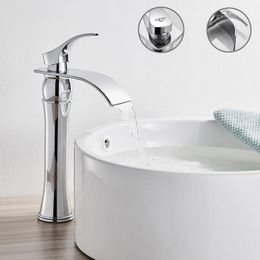 Auralum - Wasserfall Waschtischarmatur, hoher Auslauf Wasserhahn Bad Chrom, kaltes und heißes Waschbeckenarmatur für Badezimmer, einzigartiges Design