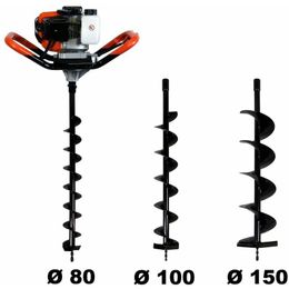 GT Garden Erdlochbohrer, Benzin Motor 52 cm3-3 PS, inkl. 3 Bohrer (80, 100 und 150 mm)