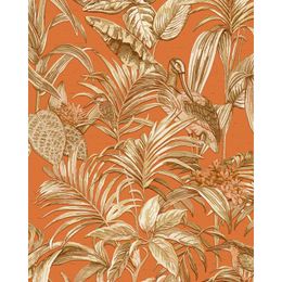 Vogel Tapete Profhome DE120019-DI heißgeprägte Vliestapete geprägt mit Vogel-Muster glänzend orange kupfer gold creme-weiß 5,33 m2 - orange