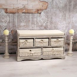 Mucola - Sitzbank Truhe Kommode 5 Körbe Shabby Chic weiß Bank Flur Vintage Stil Kissen