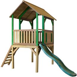 Spielhaus Bogo mit grüner Rutsche Stelzenhaus in Braun & Grün aus fsc Holz für Kinder Spielturm mit Wellenrutsche für den Garten - Braun - AXI
