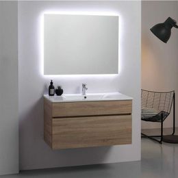 KIAMAMI VALENTINA - Moderner Wandhängender Badezimmerschrank 90Cm "Eiche Well" Mit Spiegel Sole