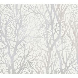 A.S. Création Modernes Tapeten Panel | Baum Tapete selbstklebend ideal für Schlafzimmer und Flur | Wandpanel mit Wald Muster in Grau und Weiß - Beige / Crème