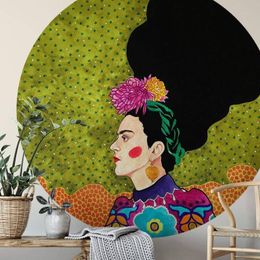 K&L WALL ART Runde Fototapete Hülya florale Tapete Frida Kahlo Vliestapete bunt Wohnzimmer Ø 140cm - bunt