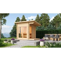 FinnTherm Saunahaus Lizzy XS Gartensauna 2 Sitzbänke aus Holz, Sauna mit 40 mm Wandstärke, Außensauna - Naturbelassen