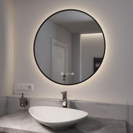 Emke - Badspiegel mit Beleuchtung Runder Schwarzer Badezimmerspiegel ф80cm (Neutrales Licht, Touch-Schalter, Beschlagfrei, Uhr, 3-fach Lupe,
