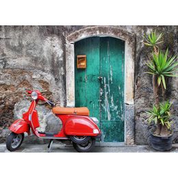 Bricoflor - Wandbild mit Italien Motiv | Vintage Leinwand Bild mit rotem Roller | Leinwand Bild mit alter Tür in Türkis ideal für Küche und Flur