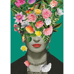 Bricoflor - Modernes Leinwand Bild mit Frau und Blumenkopf | Frida Leinwandbild mit Blumen und Vogel Design | Ausgefallenes Wandbild bunt für